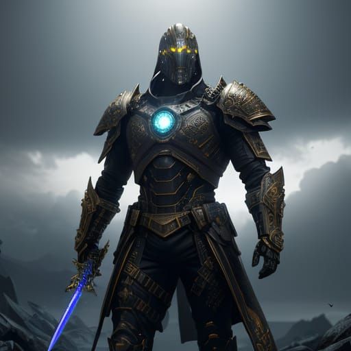 Futuristic Warrior in High-Tech Armour with Glowin... - AI Art