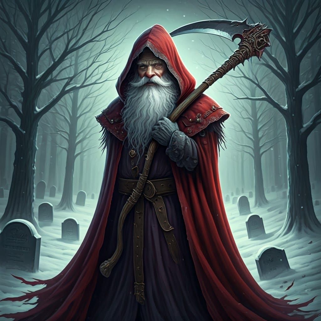 Dark Santa Claus, Standing in a Snowy Graveyard, S... - AI Art