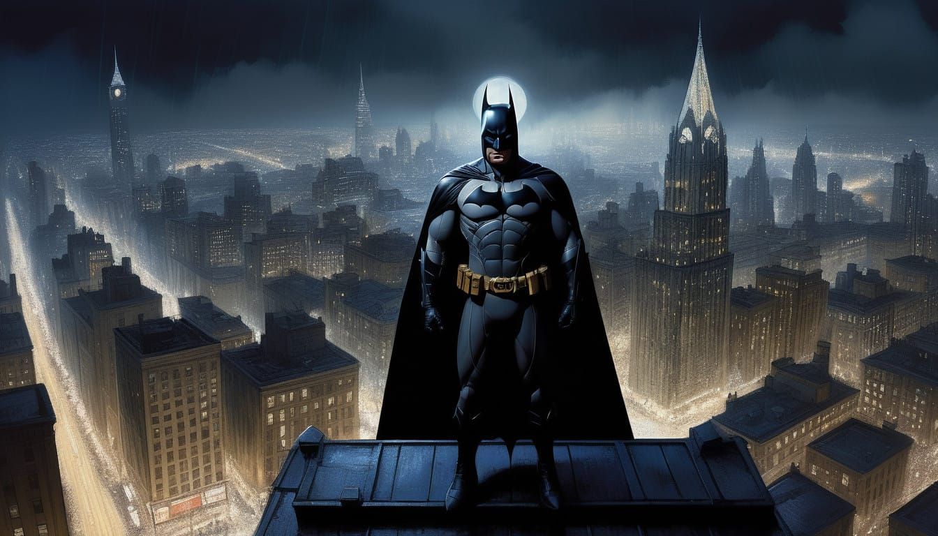 A hyper-realistic, intricately textured 3D Batman crouches on the rain ...