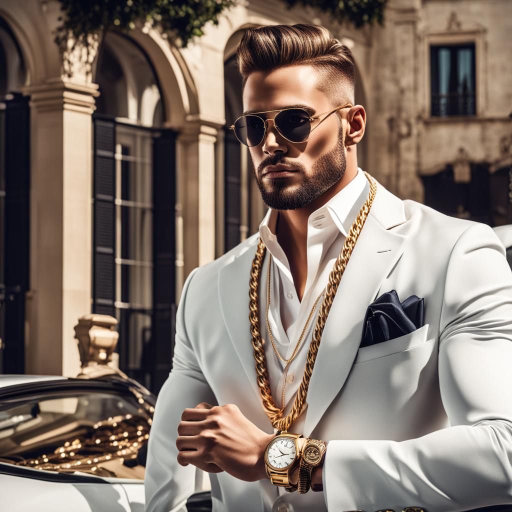 bel homme blanc musclé milliardaire avec habits, lunettes, chaines et ...