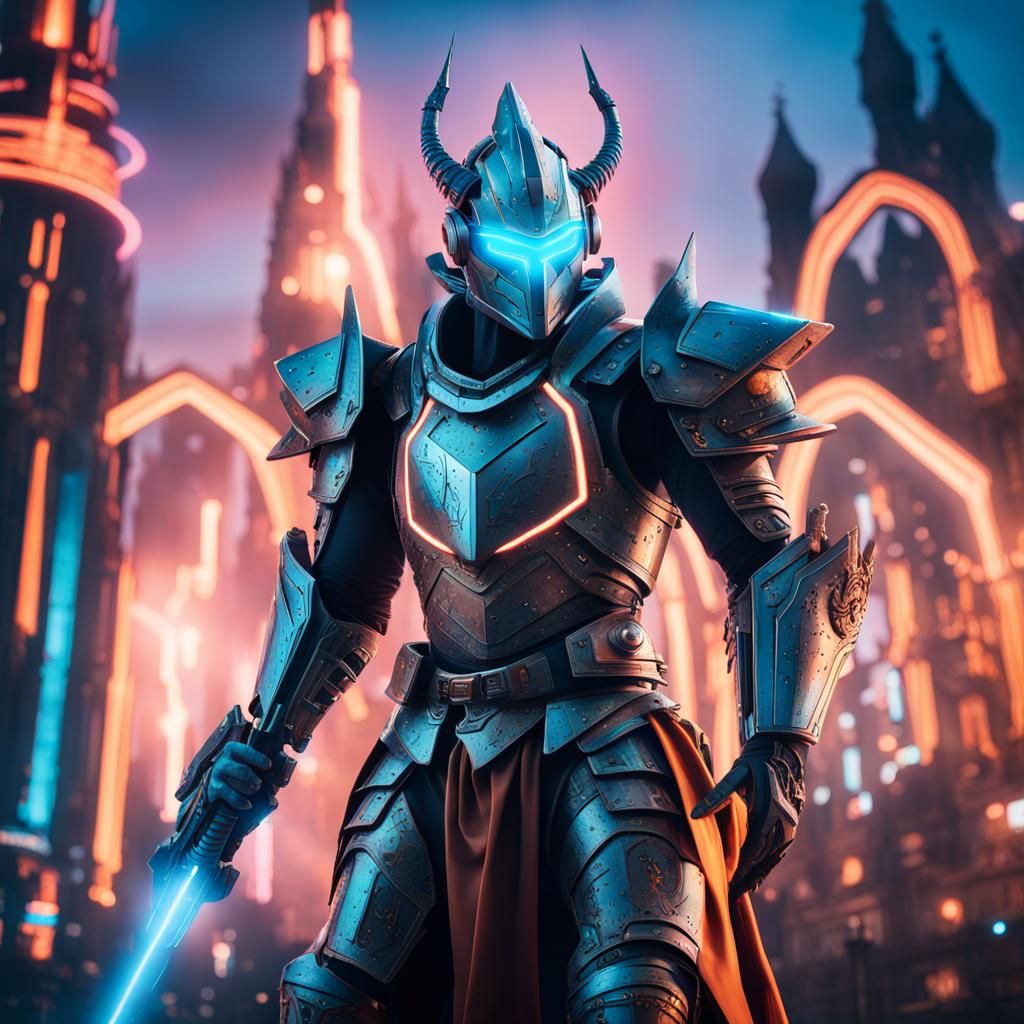 A color photo of "Medieval Sci-fi Fusion", knights clad in futuristic ...