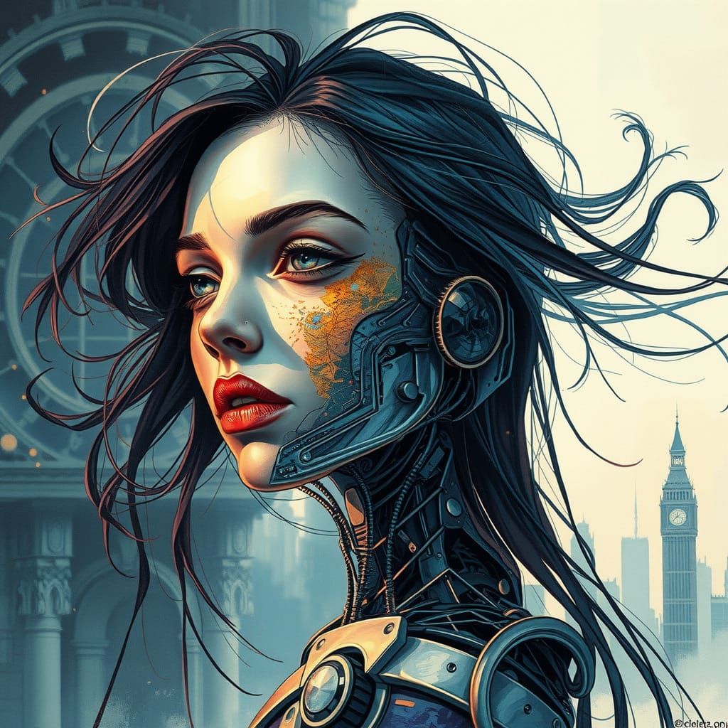 a beautiful, chrome cyborg-woman with flowing chrome hair, shiny chrome ...