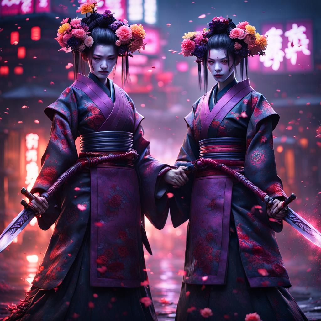 twin robot geisha samurai android girls wearing flowers covered in ...