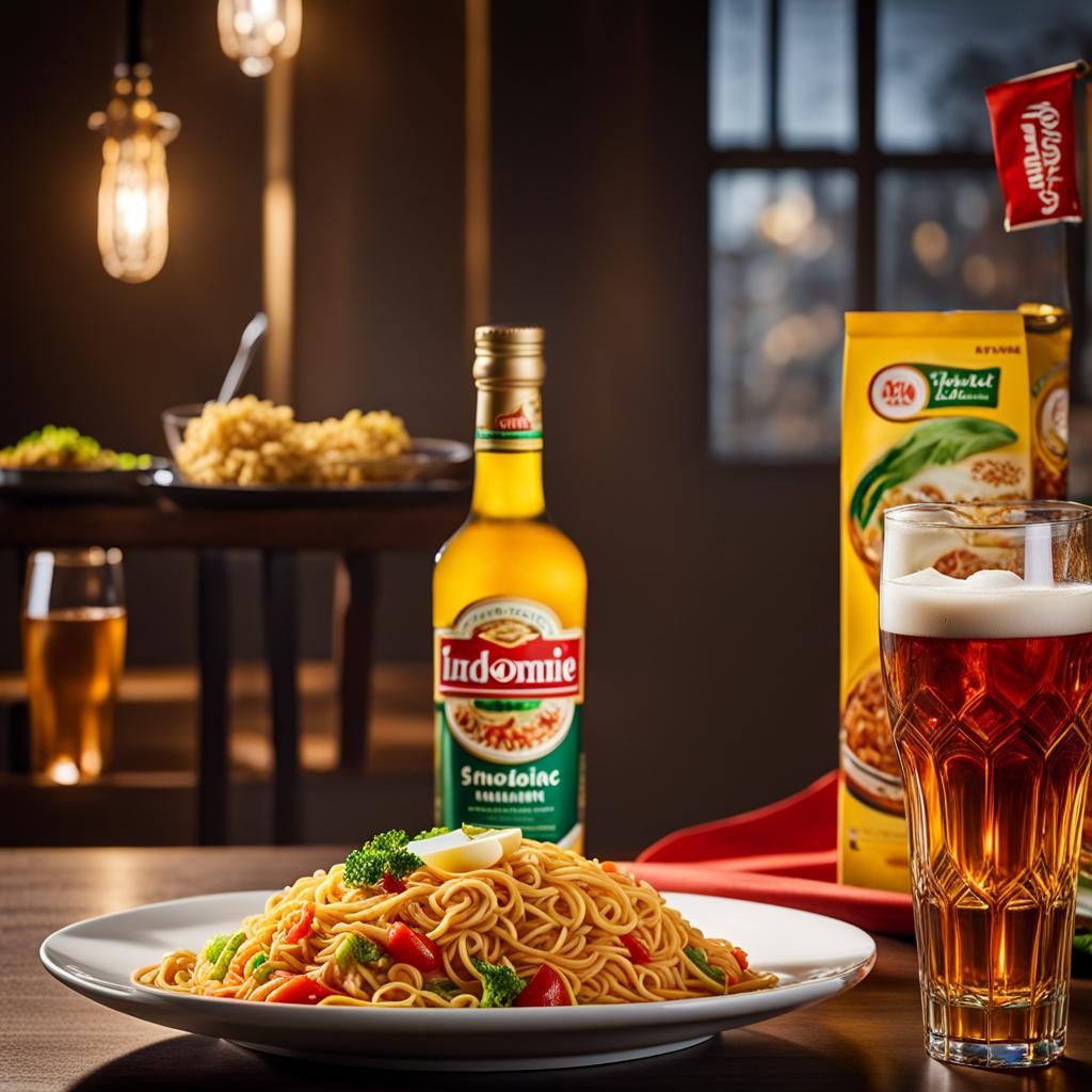 indomie goreng instant noodle on a dinner table. there is also a bottle ...