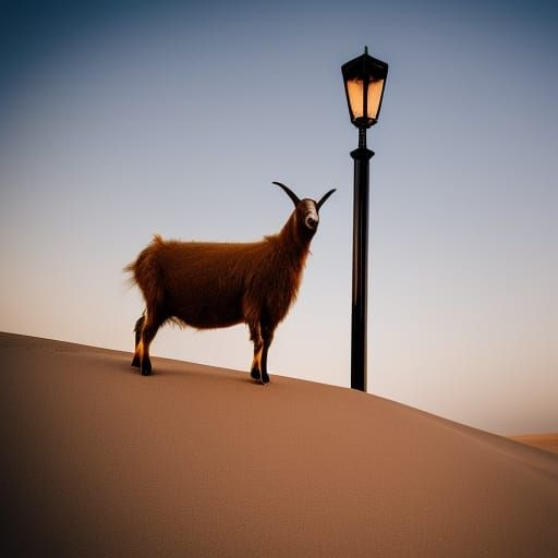 goat tied to an old fashioned shiny chrome gas lamp post with a bright ...