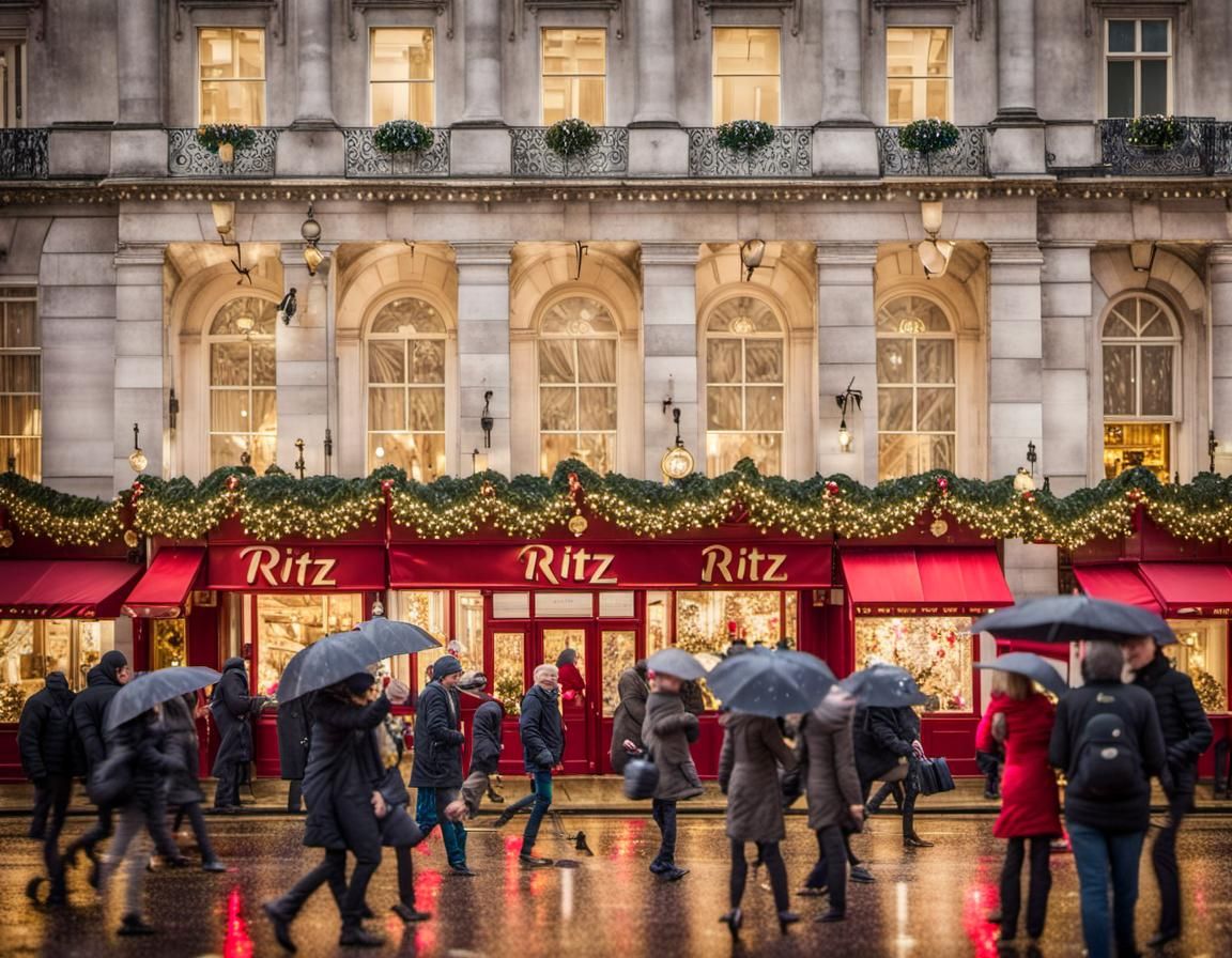 a photograph of outside the ritz, London with lots of people in the ...