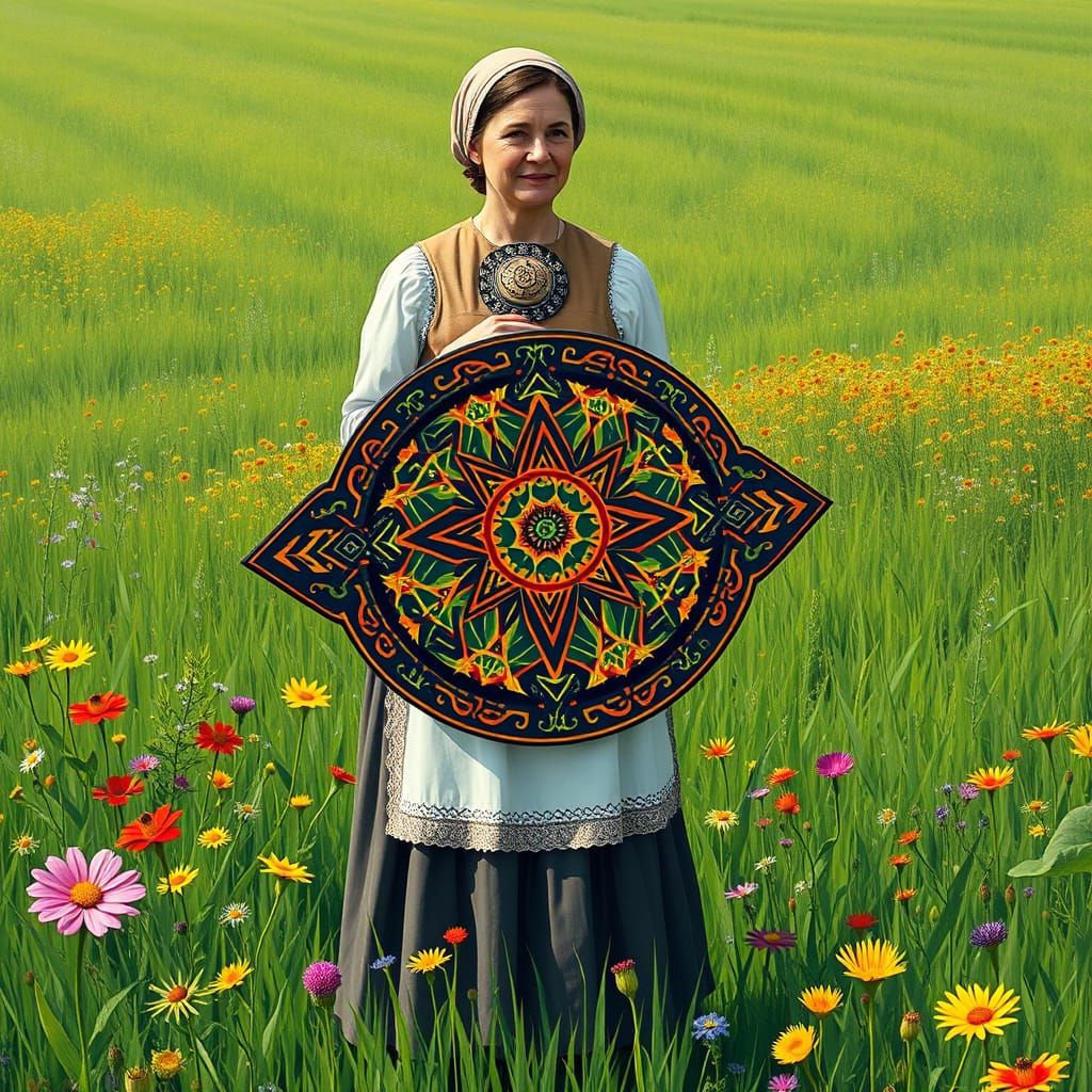 amish hex signs - Amish Woman with Hex Sign in Lush Meadow
