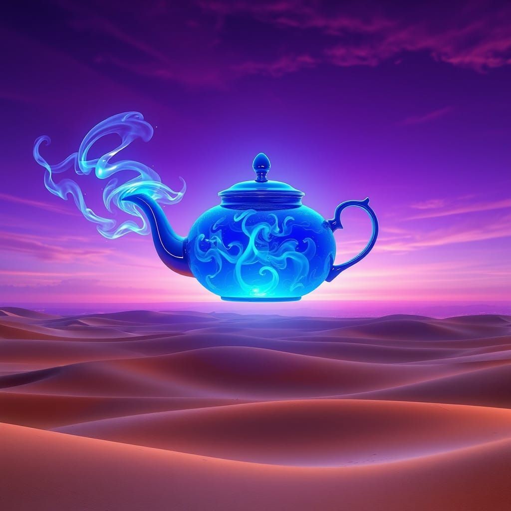 a floating teapot in a vast, empty desert. The teapot has a vibrant ...