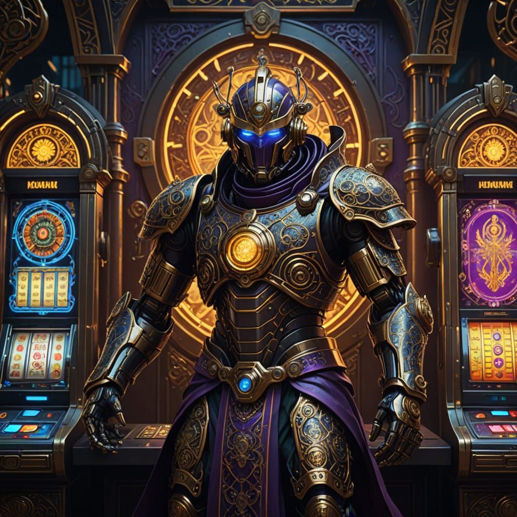 Golden Robot Monk in Prayer Before Ominous Slot Ma... - AI Art