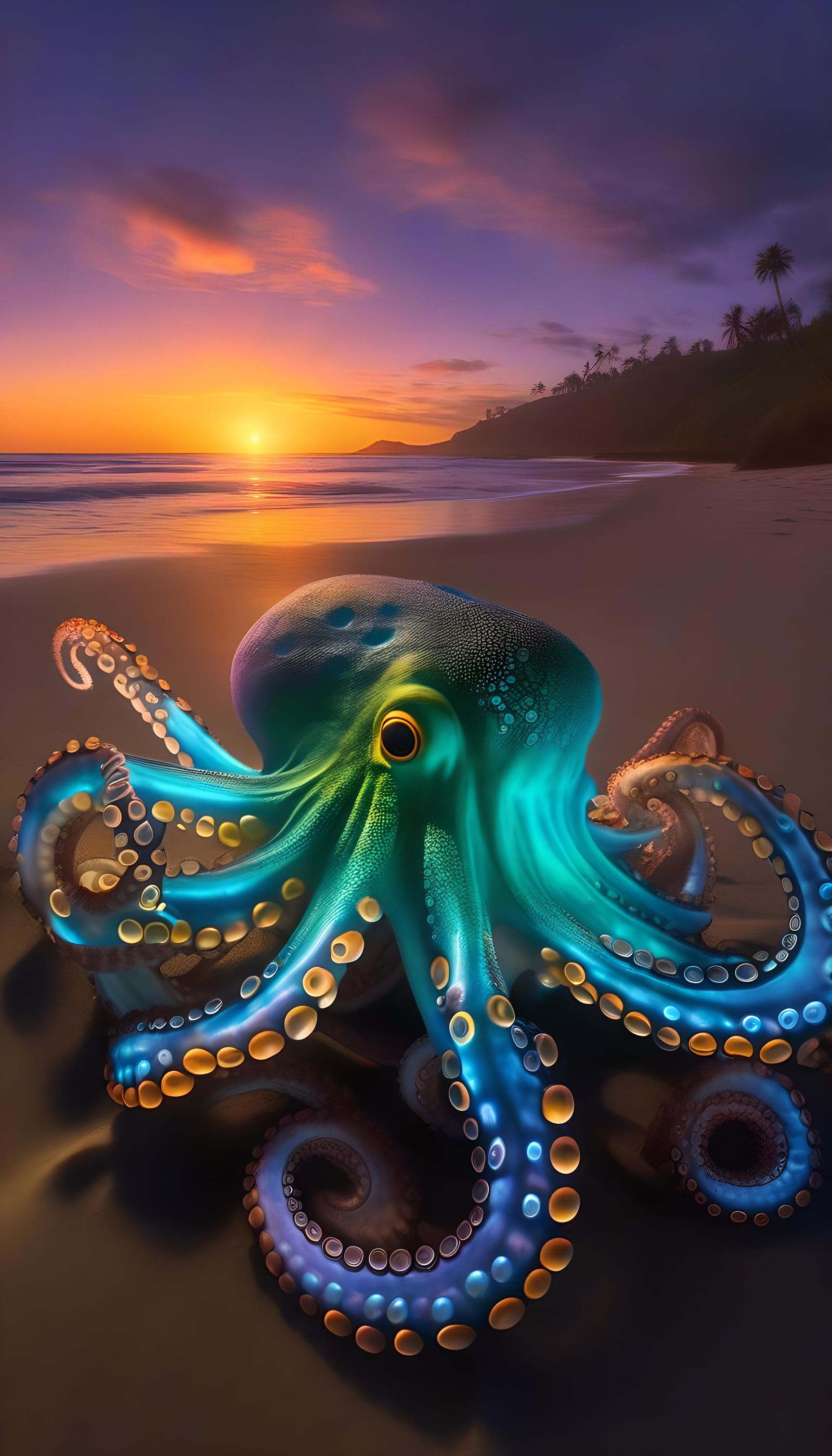 A bioluminescent octopus enjoying the sunset - AI Generated Artwork ...