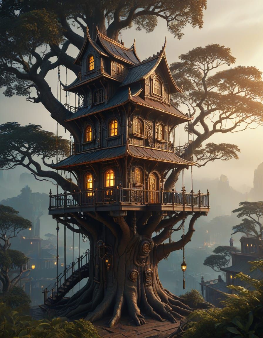 a steampunk style Tree house ... - Steampunk Treehouse with ...