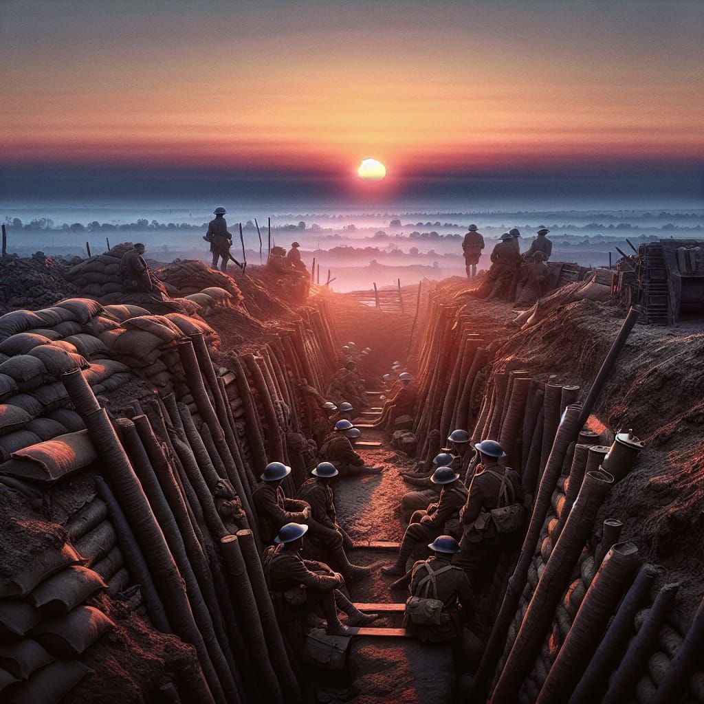 Sunset on a British trench in World War one
