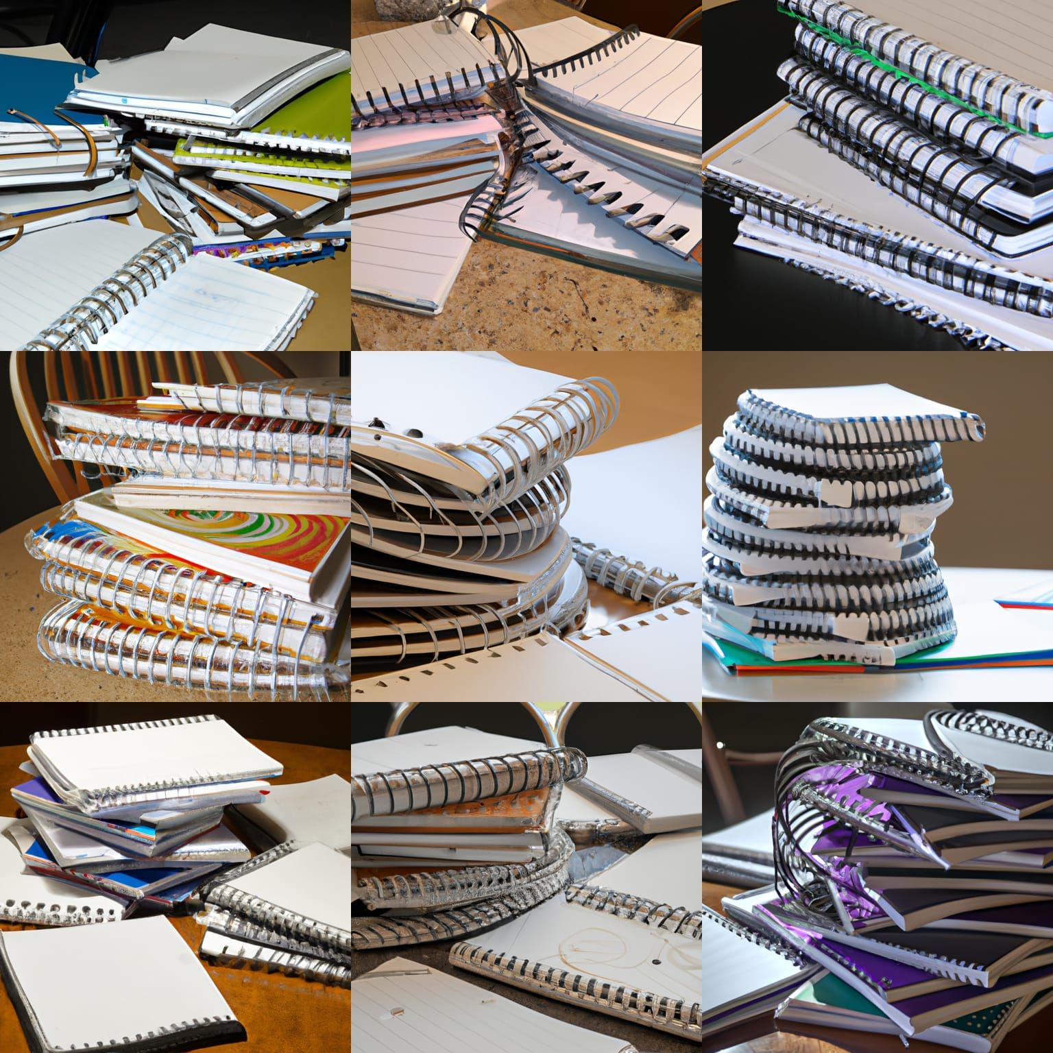 A pile of spiral-bound notebooks on a study table. Some are open and ...