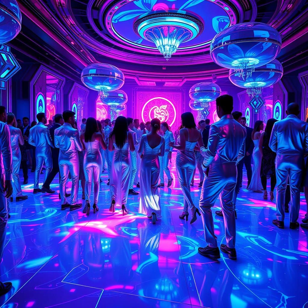 1. Futuristic Gala Party Luxurious room with colorful holograms and ...