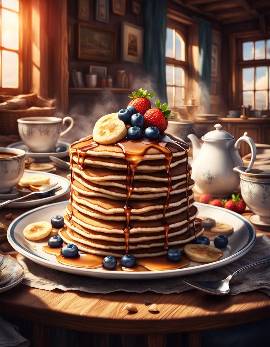 Warm pancakes with fruit and maple syrup in the morning - AI Generated ...