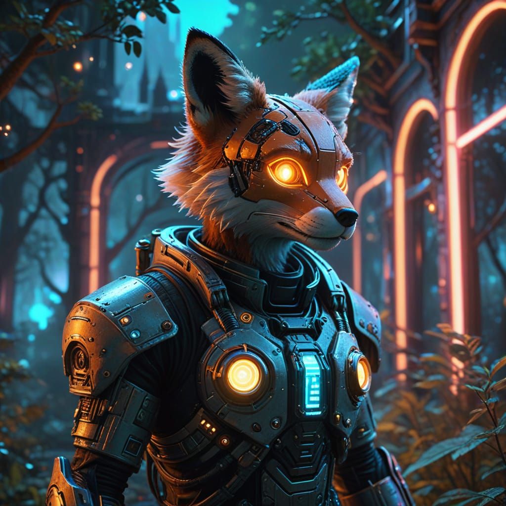 Cybernetic Fox Guides Astronaut in Neon Cyberpunk ... - AI Art