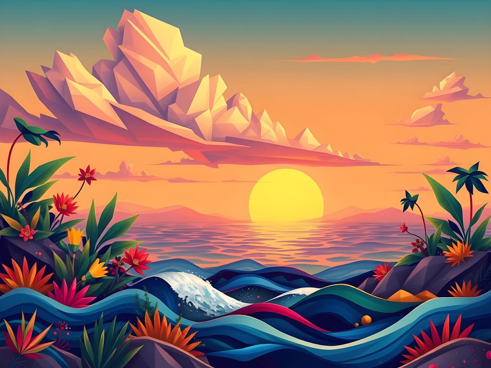 Sun and sea - Cubist Art Deco Landscape with Vibrant Geometr...