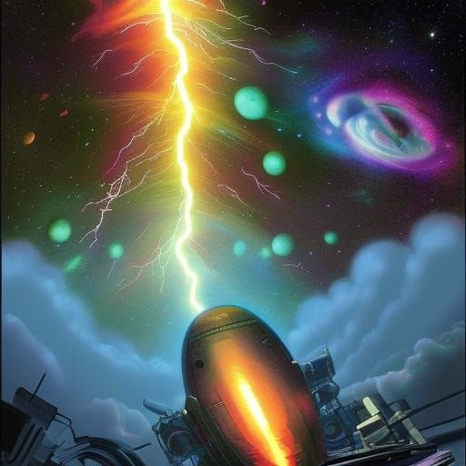 Apocalyptic lightning storm in outer space. All the colors of the ...