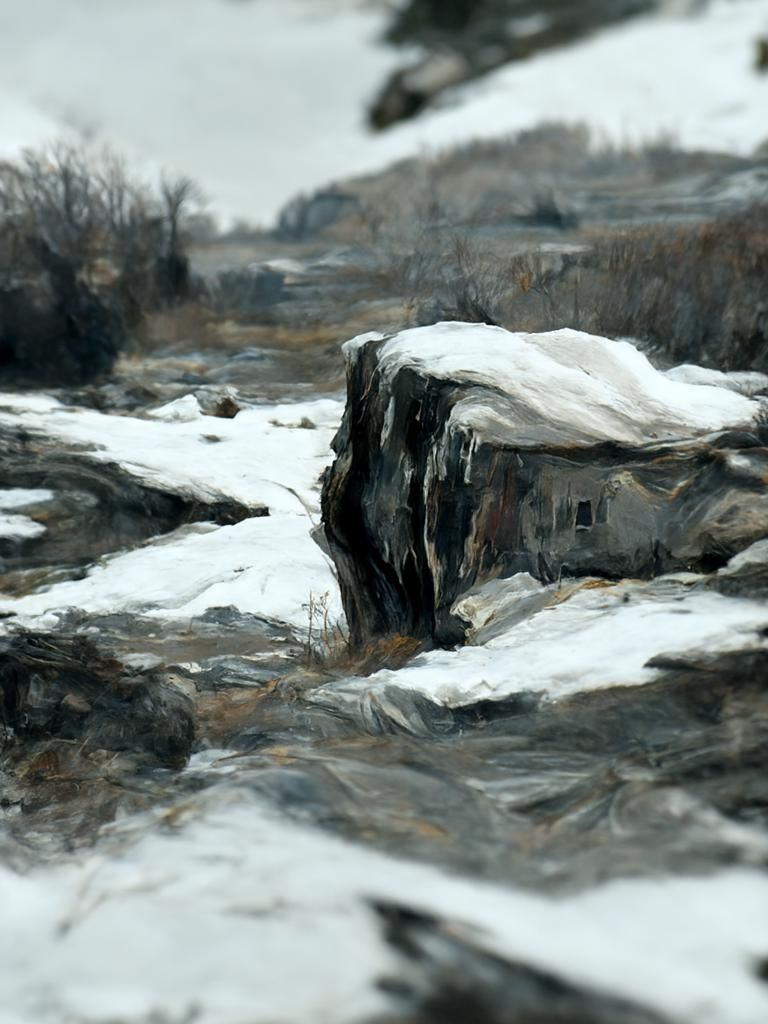 painting, andrew wyeth extreme detail, snow and frozen rocky winding ...