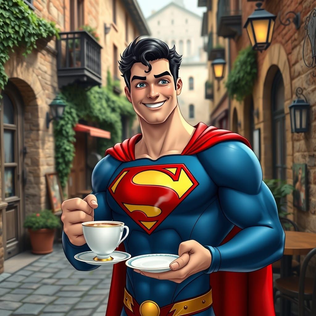 Whimsical Superman Sips Tea in Charming Old Town C... - AI Art
