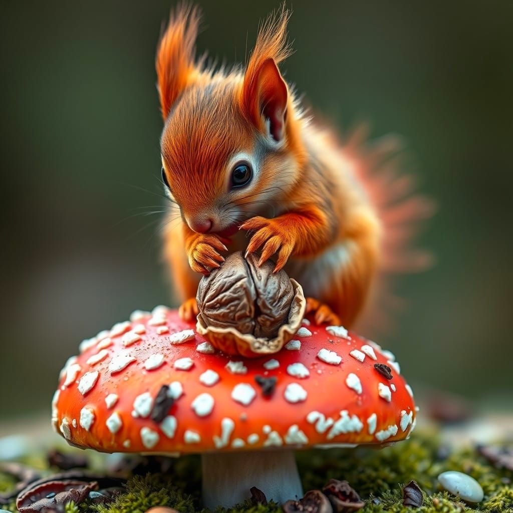 A red squirrel feasting on a walnut