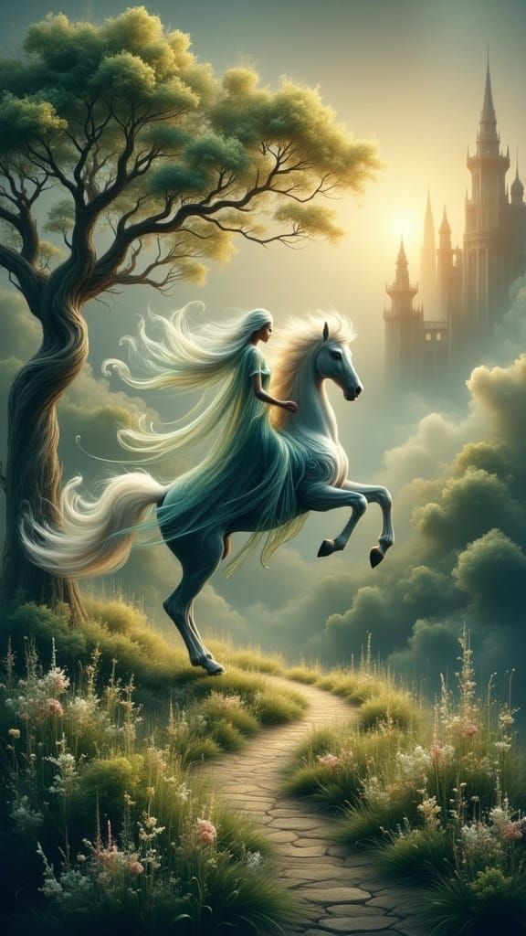 a mysterious, cloaked rider on a majestic, glowing white horse ...
