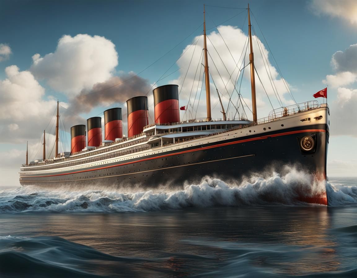 hyper realistic image in color of a 1920s era steam-powered ocean liner ...