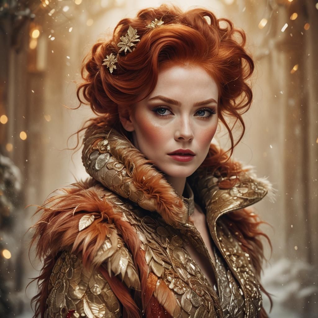 Half body, Ranch Frame, elegant fiery red hair female wearing ...