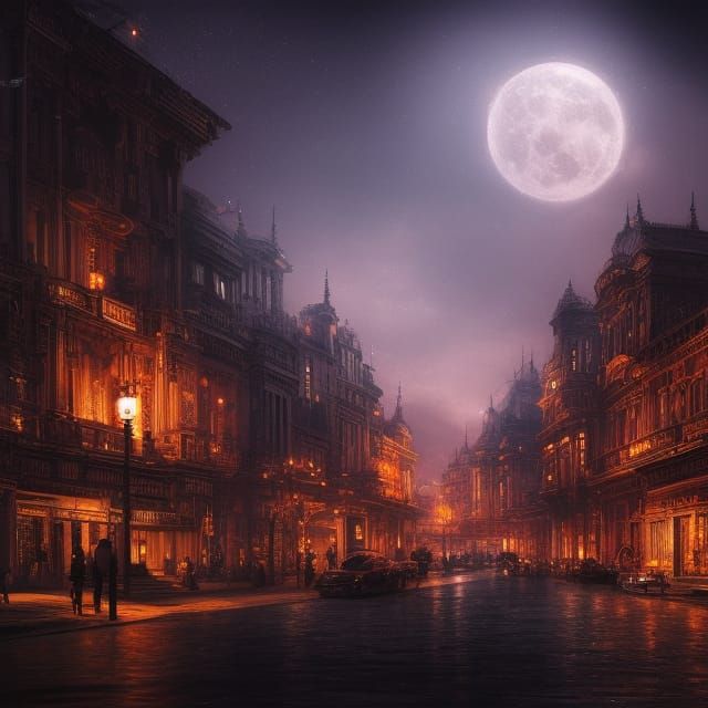 Moon light over town - AI Generated Artwork - NightCafe Creator