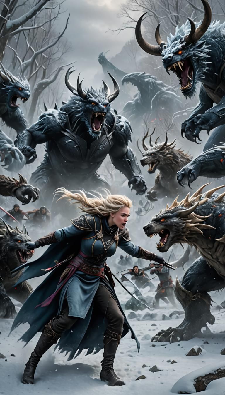 scene of the battle between mutant monsters and a fearless beautiful ...