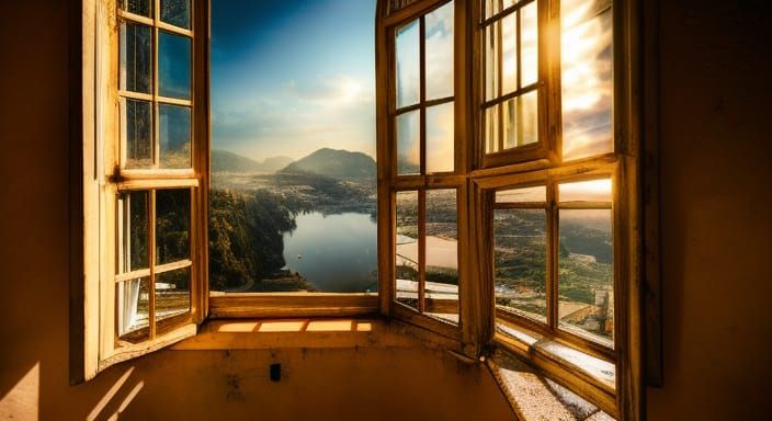 The old hotel window, weathered by time and laden with stories untold ...