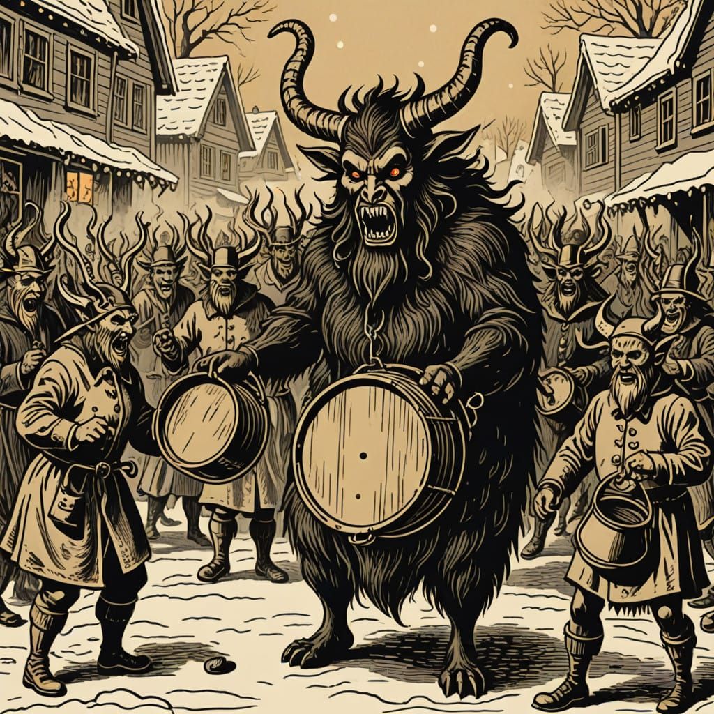 Krampus Festival in Traditional Woodcut Style - AI Art