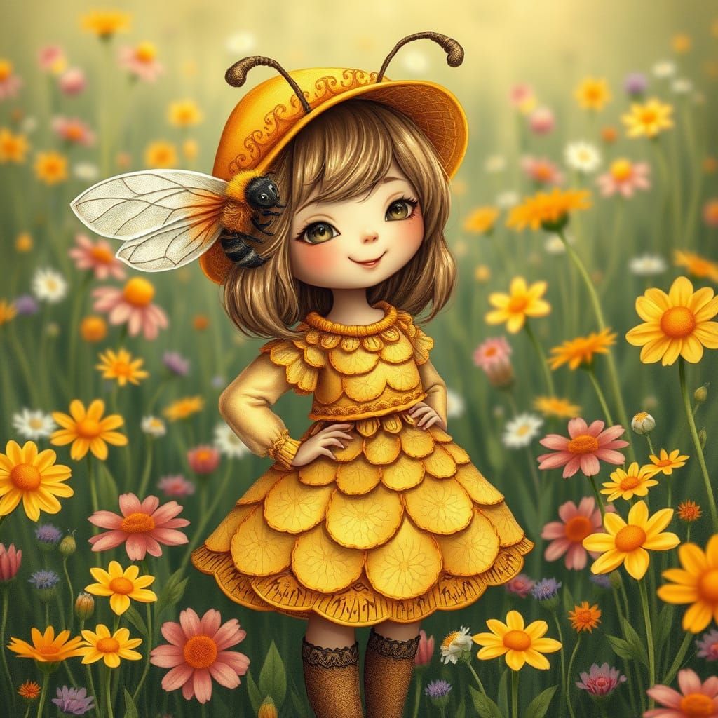 The Honey-Napped Bumble Girl - Surreal Bumblebee Girl in Whi...