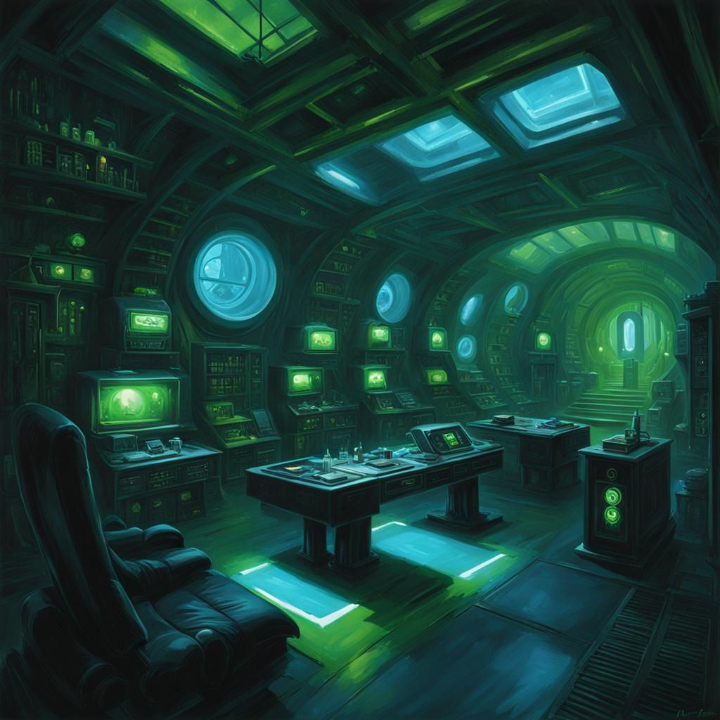 mad scientist lair, blue, green, dark, futuristic - AI Generated ...