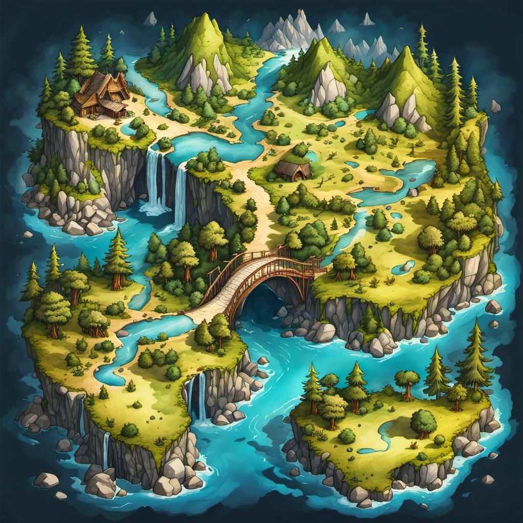 Handdrawn fantasy map, impossible bridge - AI Generated Artwork - NightCafe Creator