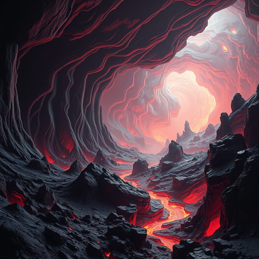 magma cave, winter night - Surreal Magma Cave Illuminated by...