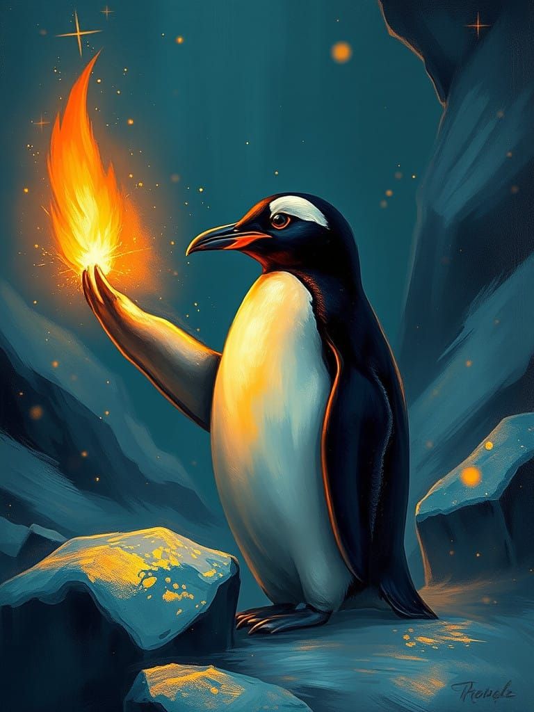 Cyan-Lit Divine Penguin Emanates Radiance - AI Art