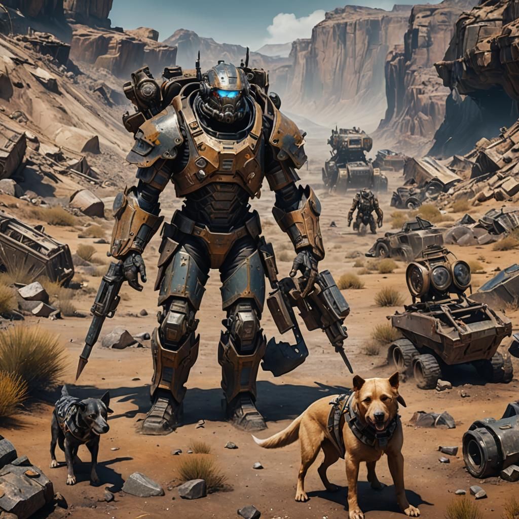 scenic image of a rugged humanoid scavenger equipped with makeshift ...