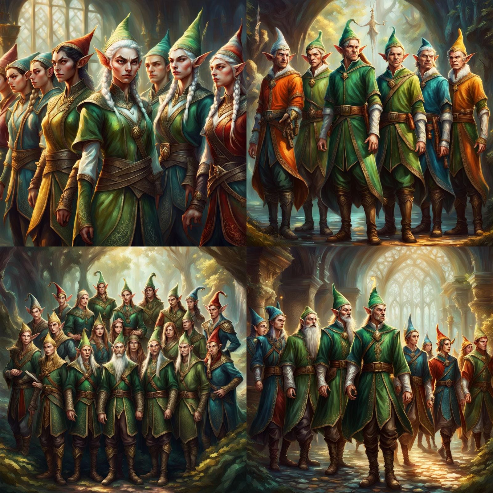 Elf school elves in typical elf outfits, hyperrealistic, splash art ...