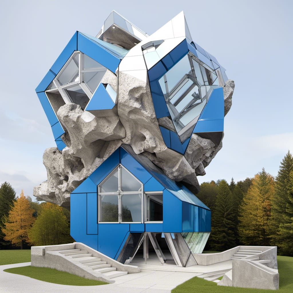 Experimental blue house with artificial rocks - AI Generated Artwork ...