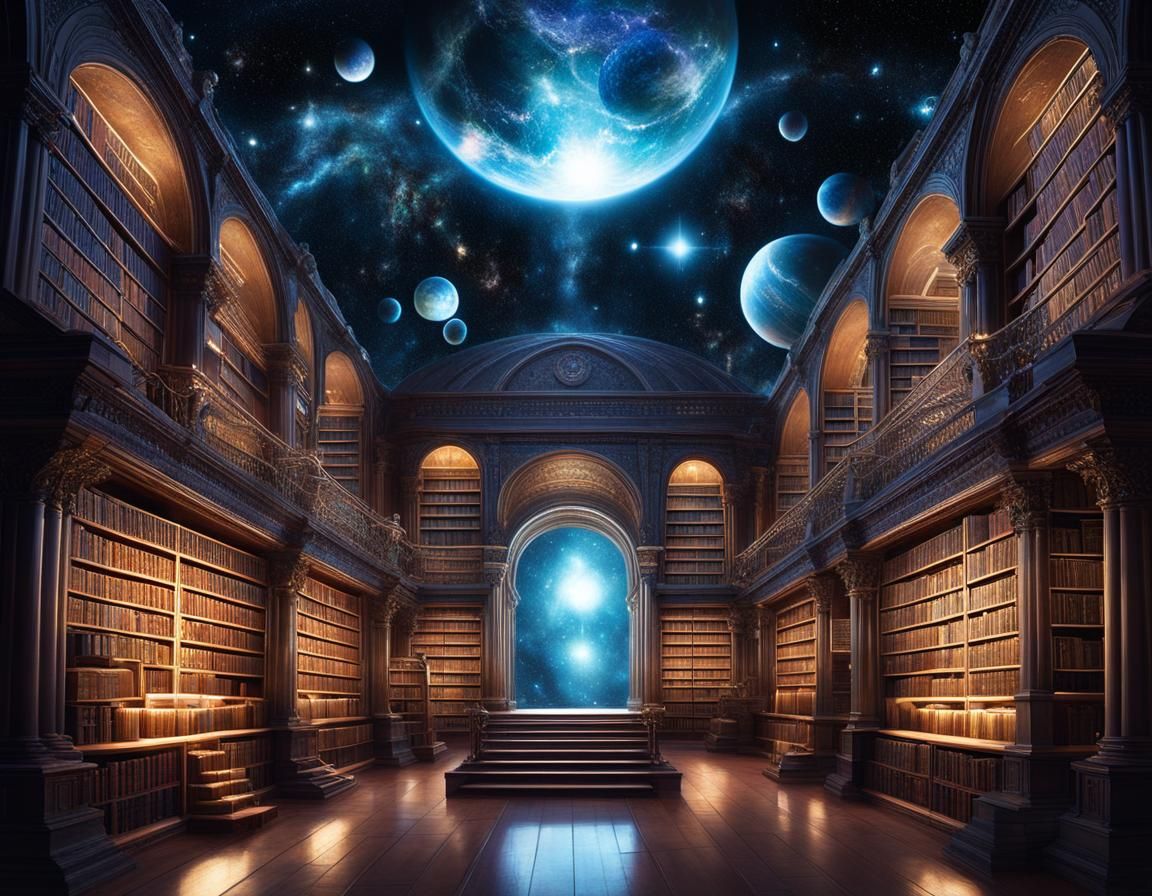 A dreamlike vision of a celestial library suspended among the stars ...