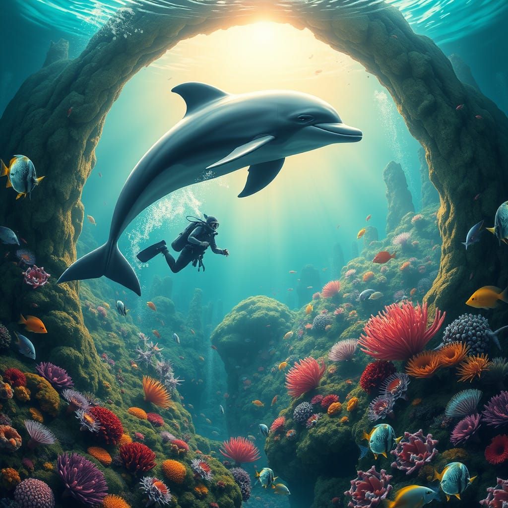 magnificent dolphin with a diver in a beautiful underwater arch of ...