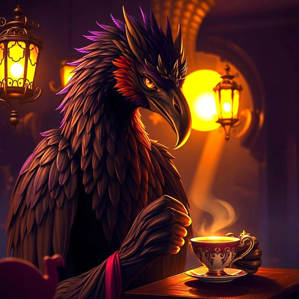 Coffee dear? - Fantastical Hippogryf Sips Coffee in Dark Fan...