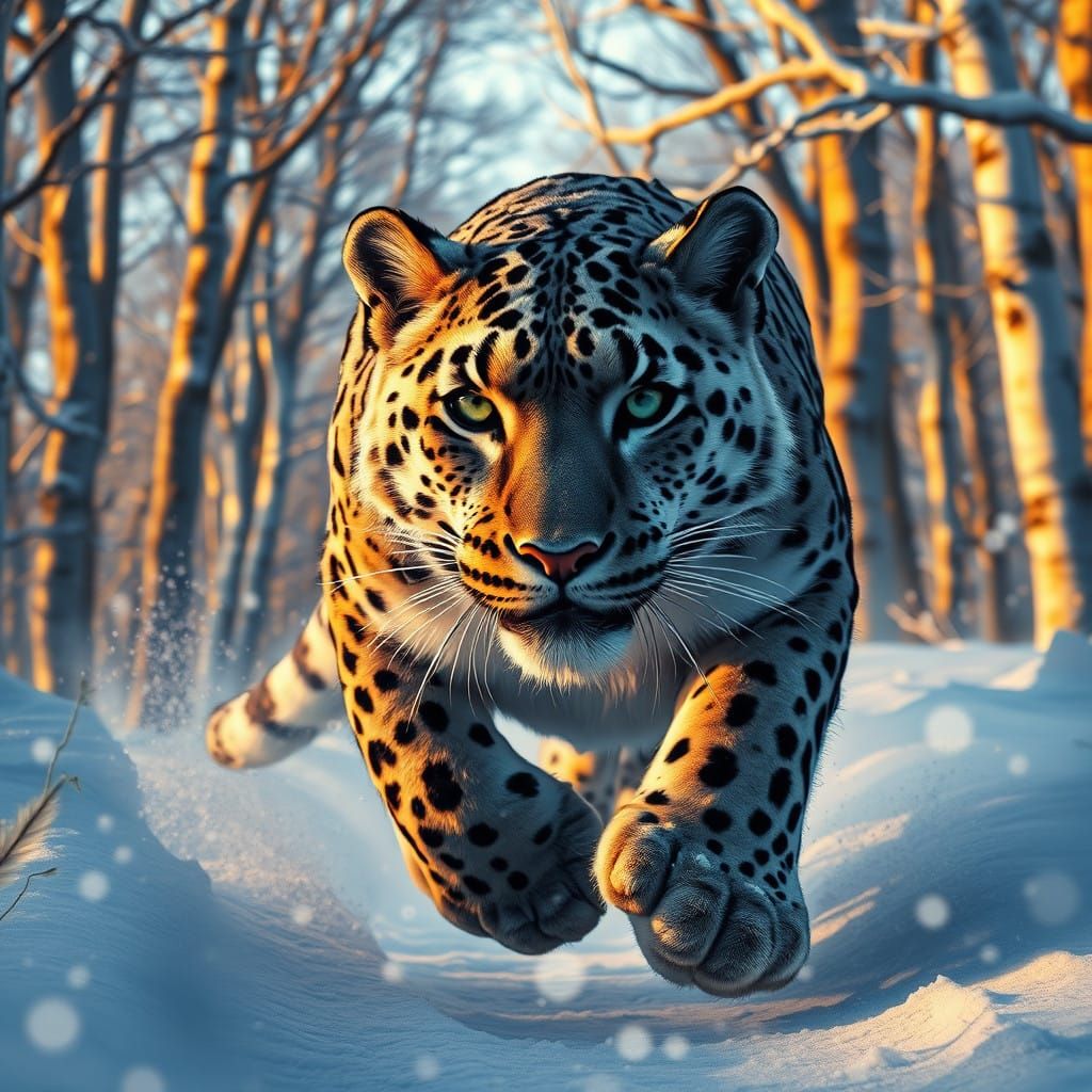 Snow leopard running through snow in winter forest