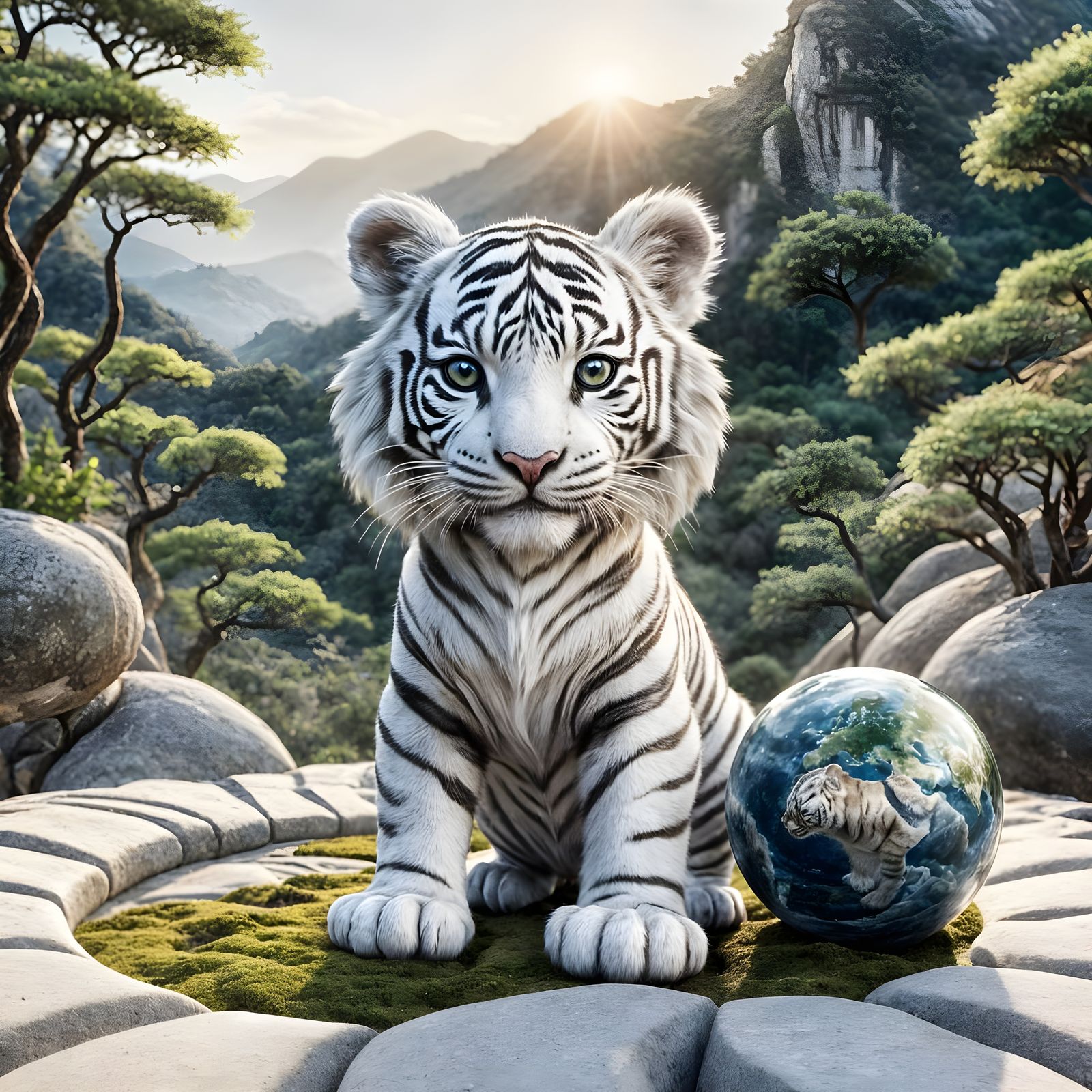 A Calm World. - Whimsical White Tiger in a Zen Garden