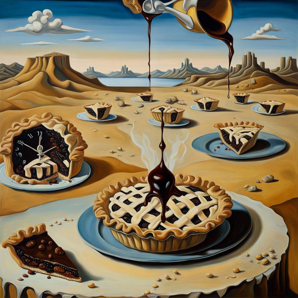 Dali‘s persistence of memories with pies instead of clocks, oilpainting ...