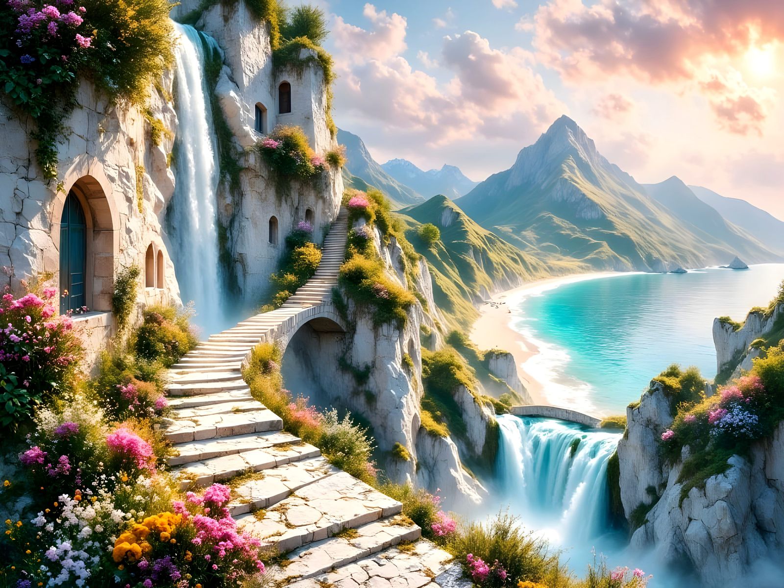 Ethereal Dreamscape of a Serene White Stone Path a... - AI Art