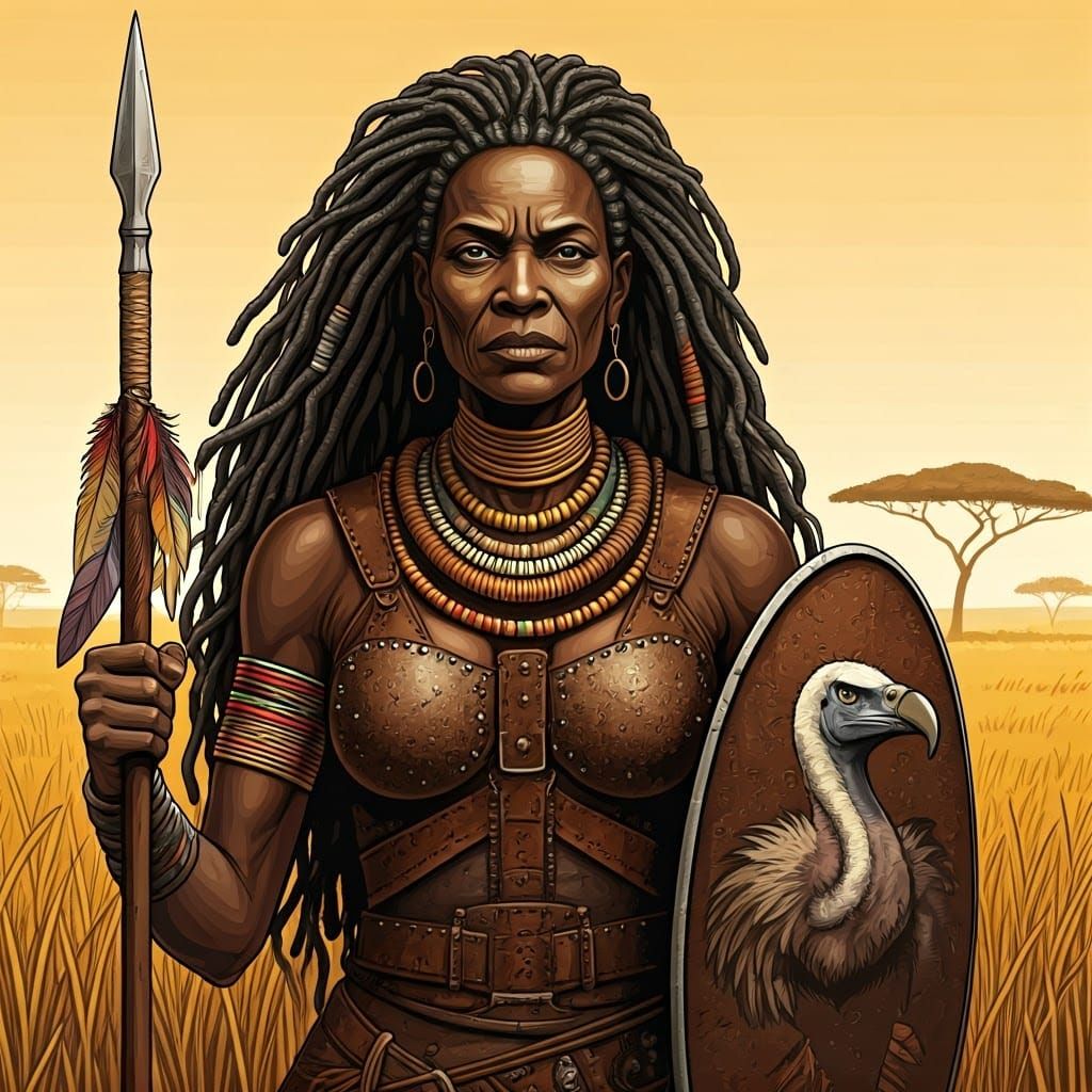 Grey-Haired African Warrior Queen in Studded Leath... - AI Art