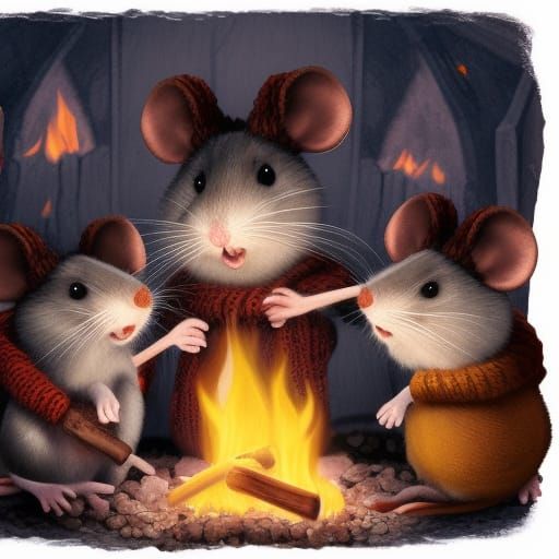 three mice knitting mittens, huddled around a fire - AI Generated ...