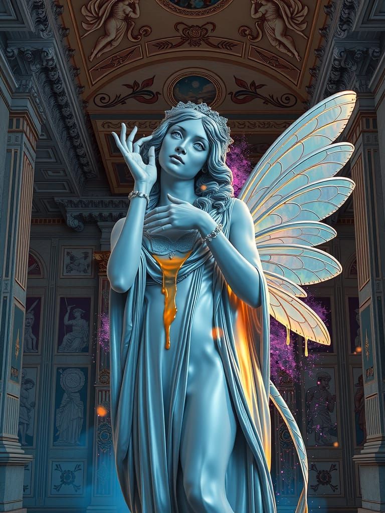 Silver Fairy Statue in Mythic Greek Temple - AI Art